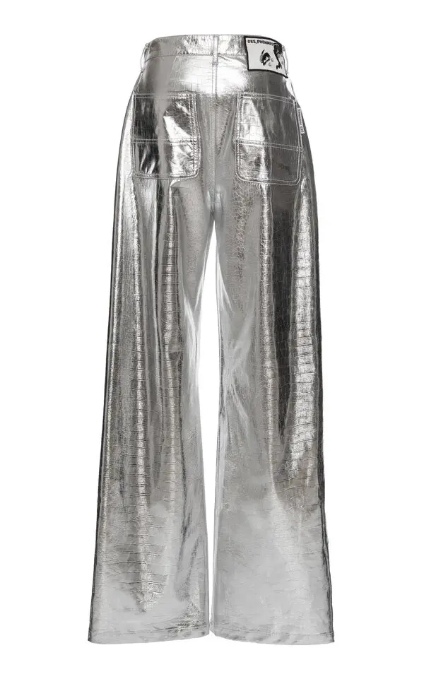 DES_PHEMMES Croc-embossed Wide-leg Trousers - Silver