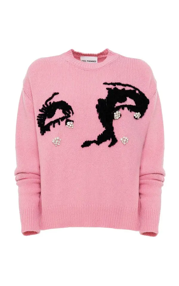 DES_PHEMMES Embroidered Wool-blend Sweater - Pink