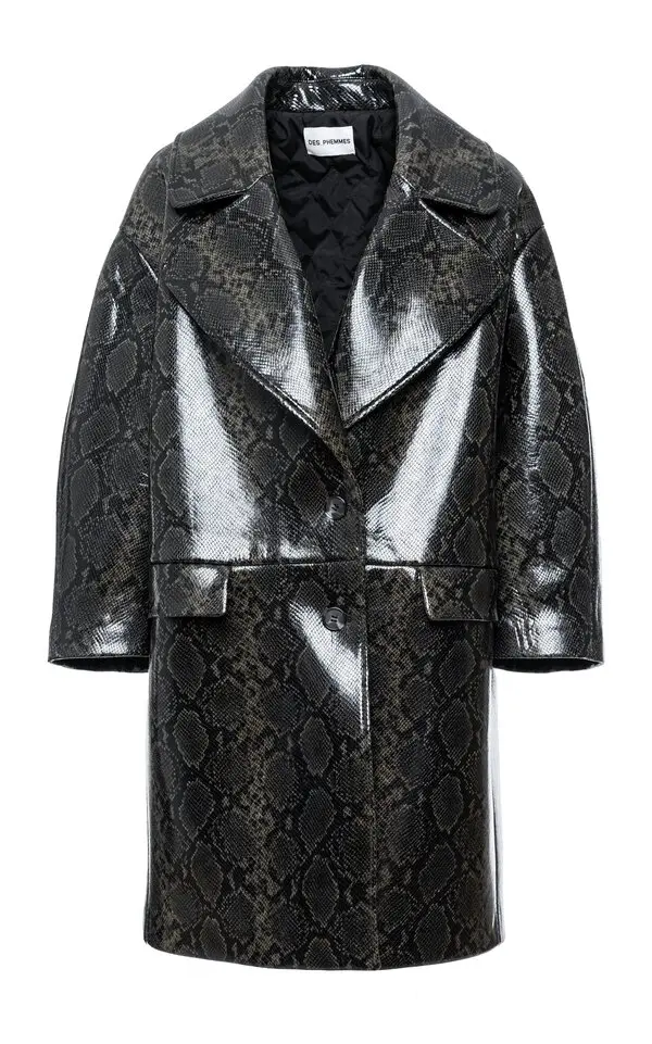 DES_PHEMMES Snake-embossed Overcoat - Dark Green