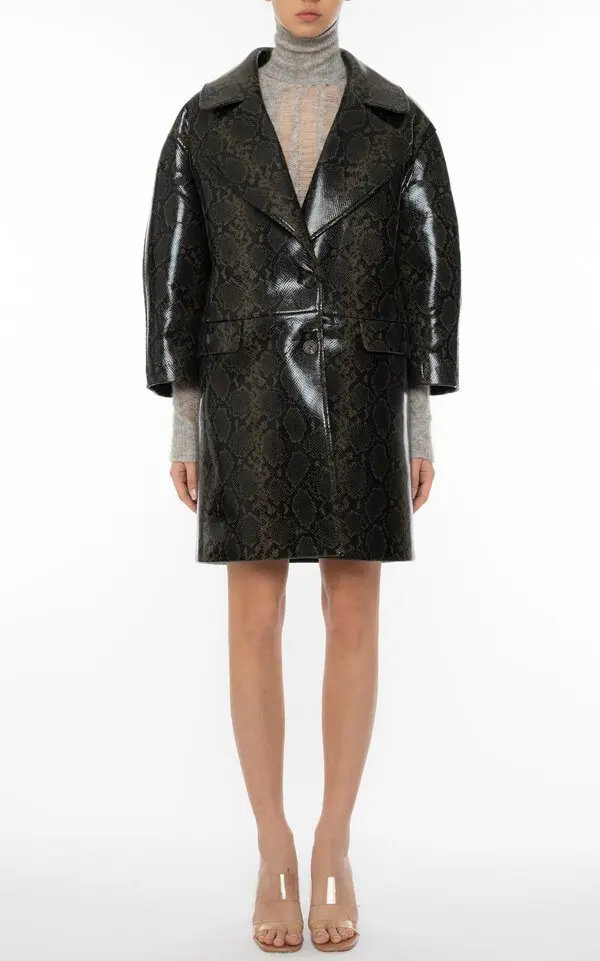 DES_PHEMMES Snake-embossed Overcoat - Dark Green