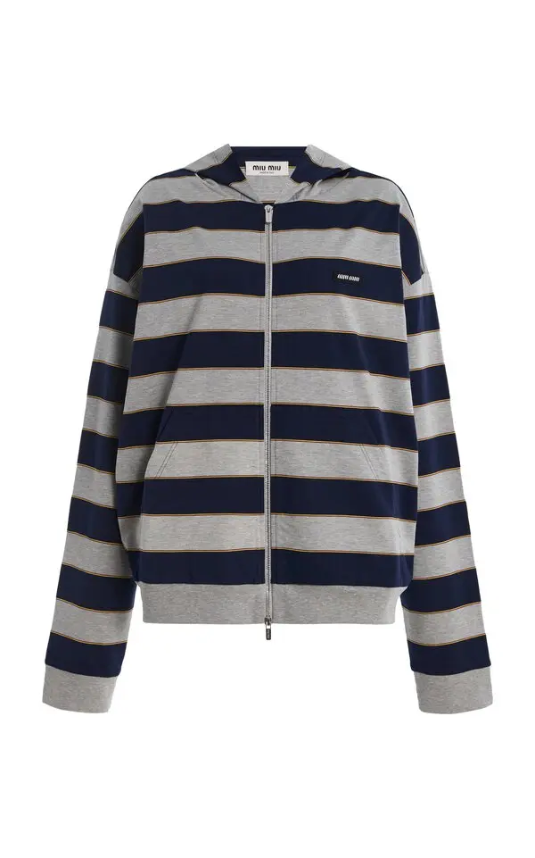 Miu Miu Striped Cotton Jersey Zip-up Hoodie