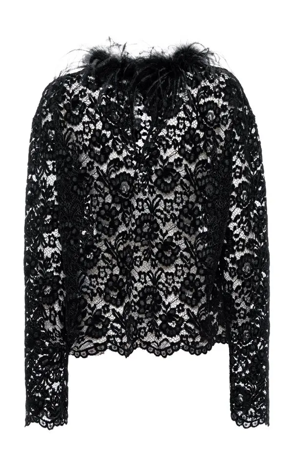 DES_PHEMMES Feather-trimmed Lace Top - Black