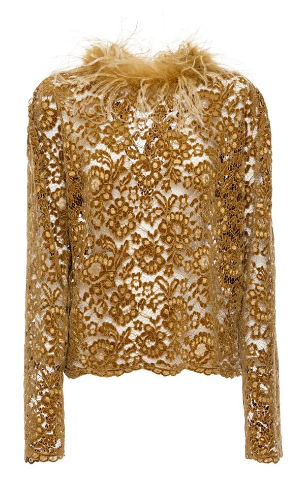 DES_PHEMMES Feather-trimmed Lace Top - Olive