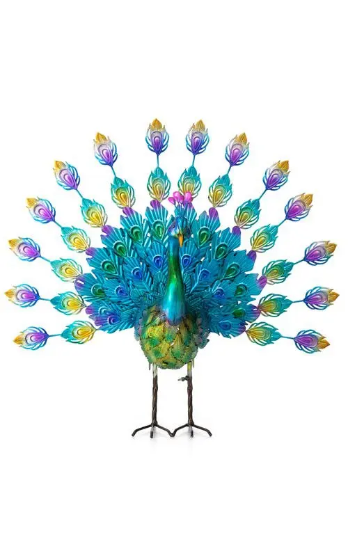 GLITZHOME 28.75"w Metal Peacock Tail Spread Garden Statue With Stakes - Blue