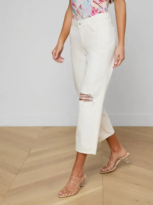 L'Agence Blaine Cropped Stovepipe Jean - Light Ecru Destruct