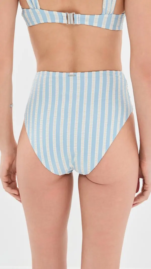 Simkhai High Waisted Ruched Bikini Bottoms - Hydrangea Blue Stripe