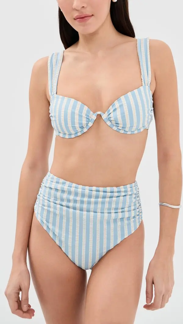 Simkhai High Waisted Ruched Bikini Bottoms - Hydrangea Blue Stripe