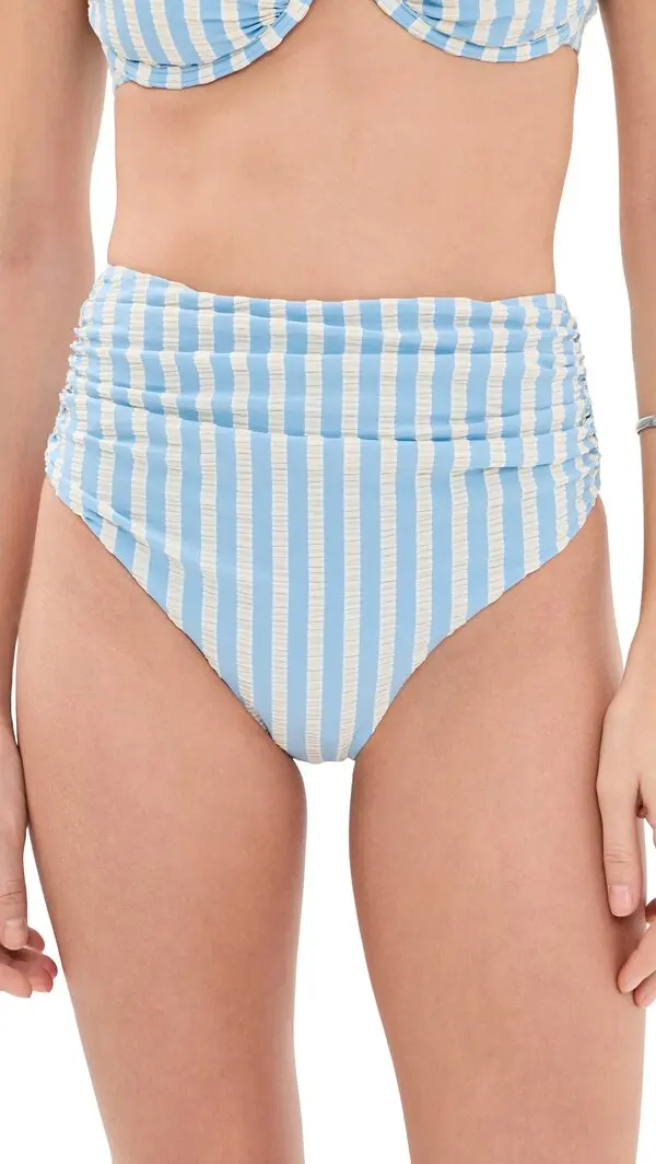 Simkhai High Waisted Ruched Bikini Bottoms - Hydrangea Blue Stripe