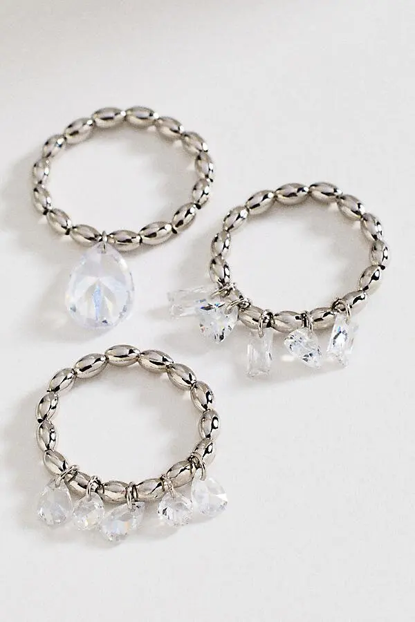 Anthropologie Crystal Stretch Rings, Set Of 3 - Clear/silver