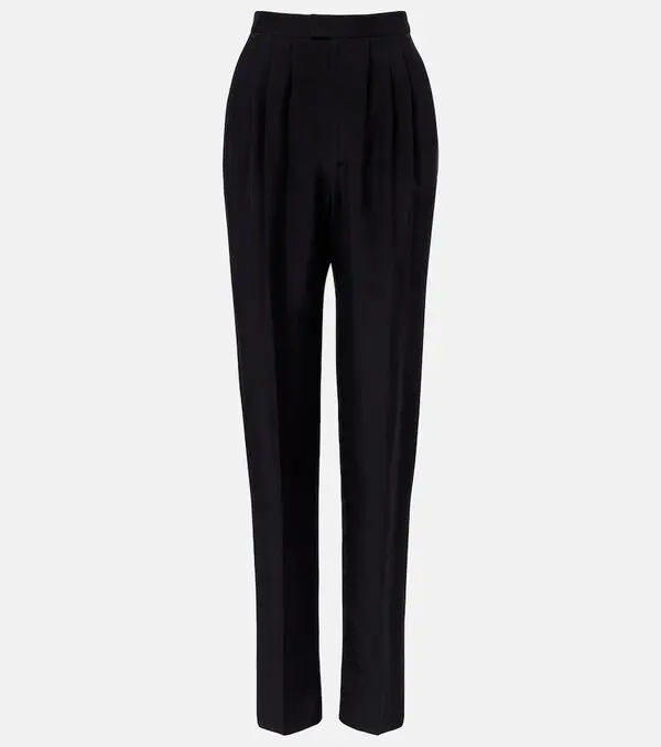 Saint Laurent Pleated Straight Silk Pants - Black