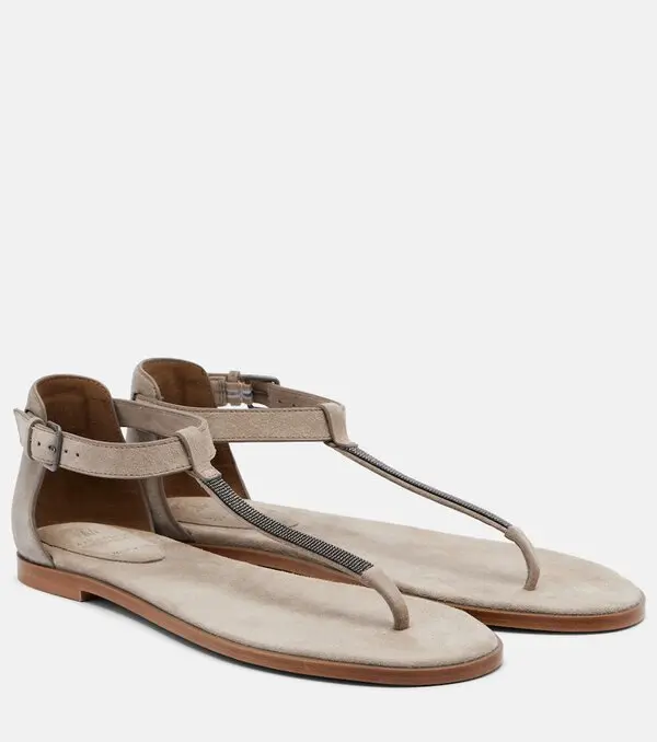 Brunello Cucinelli Monili Suede Slides - Beige