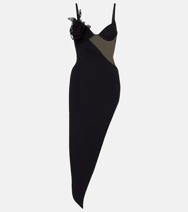 David Koma Asymmetric Cutout Floral-appliqué Midi Dress - Black