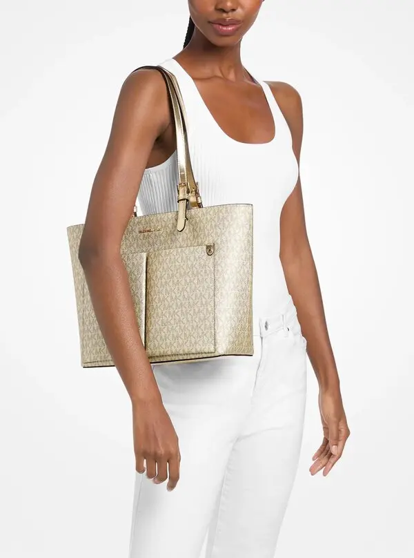 Michael Kors Jet Set Medium Metallic Logo Tote Bag - Gold
