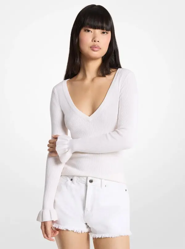 Michael Kors Ribbed Wool Blend V-neck Sweater With Ruffled Cuffs