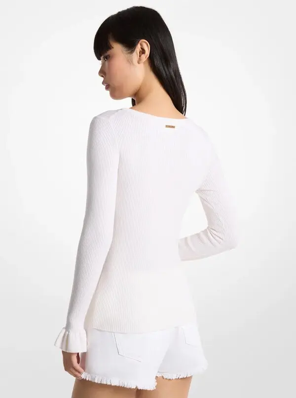Michael Kors Ribbed Wool Blend V-neck Sweater With Ruffled Cuffs