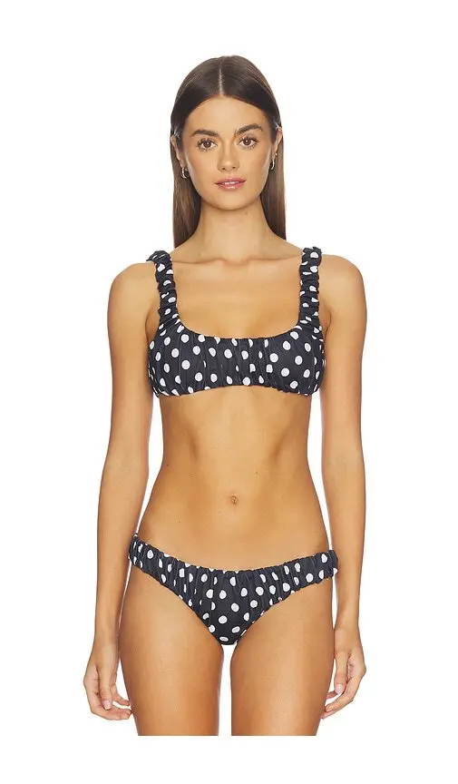 Caroline Constas Dorit Ruched Bikini Top - Black & Ivory Polka Dot