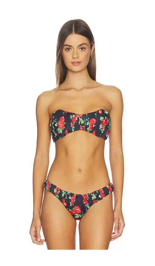 Caroline Constas Leila Ruched Bandeau Bikini Top - Black & Red Multi