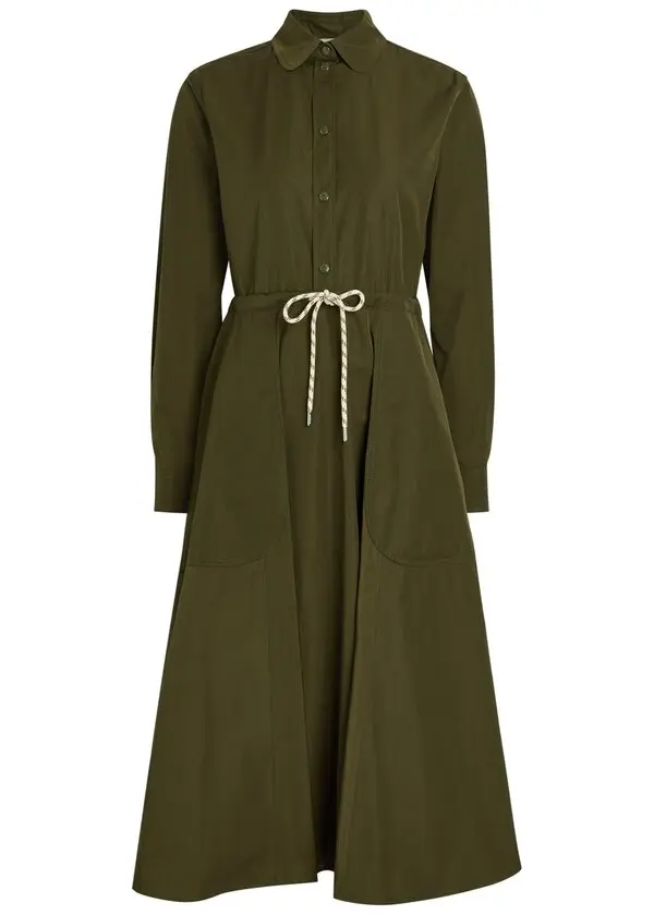 Moncler Poplin Midi Shirt Dress With Drawstring - Dark Green