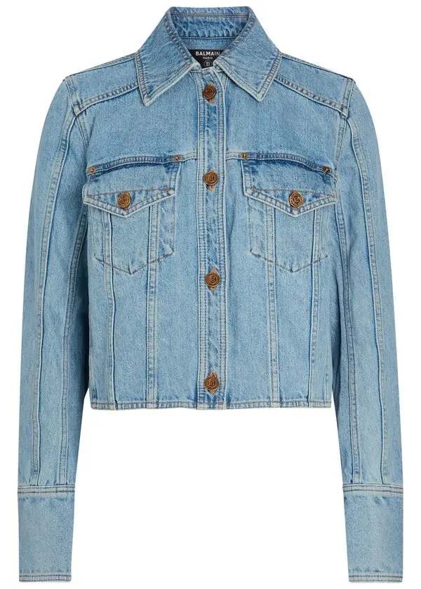 Balmain Cropped Denim Jacket - Light Blue