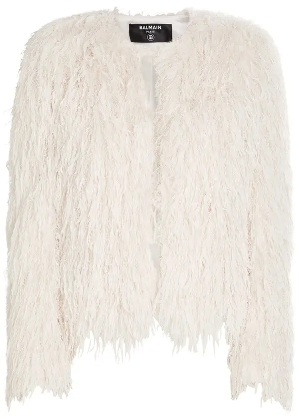 Balmain Metallic-weave Fringed Jacket - White