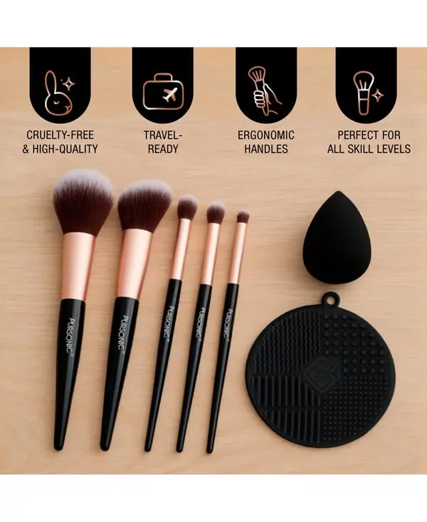 PURSONIC 8-piece Pro Makeup Application Set – 7 Brushes + Blending Sponge
