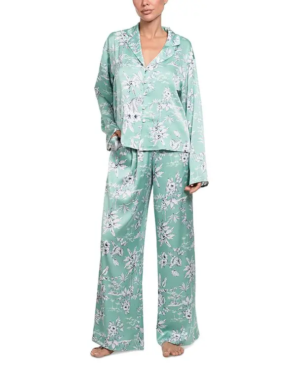 MIDNIGHT BAKERY Printed Satin Long Sleeve Pajama Set - Green