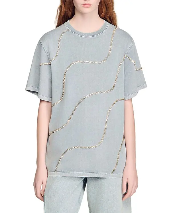 Sandro Embellished Chain Detail Cotton T-shirt - Grey