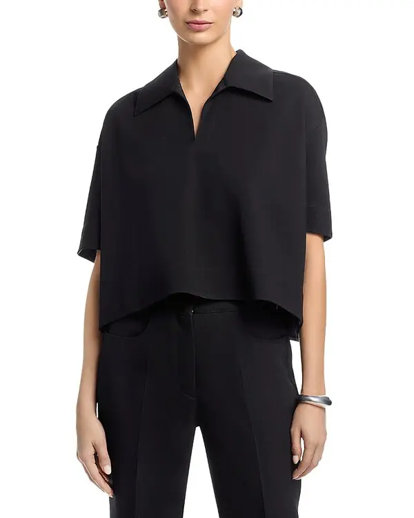 JIL SANDER Short Sleeve Cropped Polo Top - Black