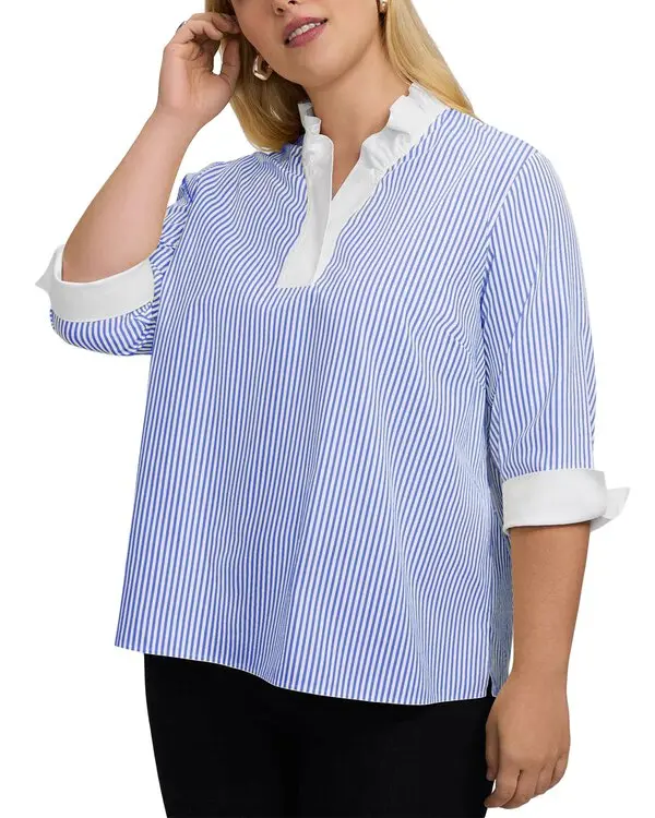 Foxcroft Tammy 3/4 Sleeve Stripe Shirt - Powder Blue