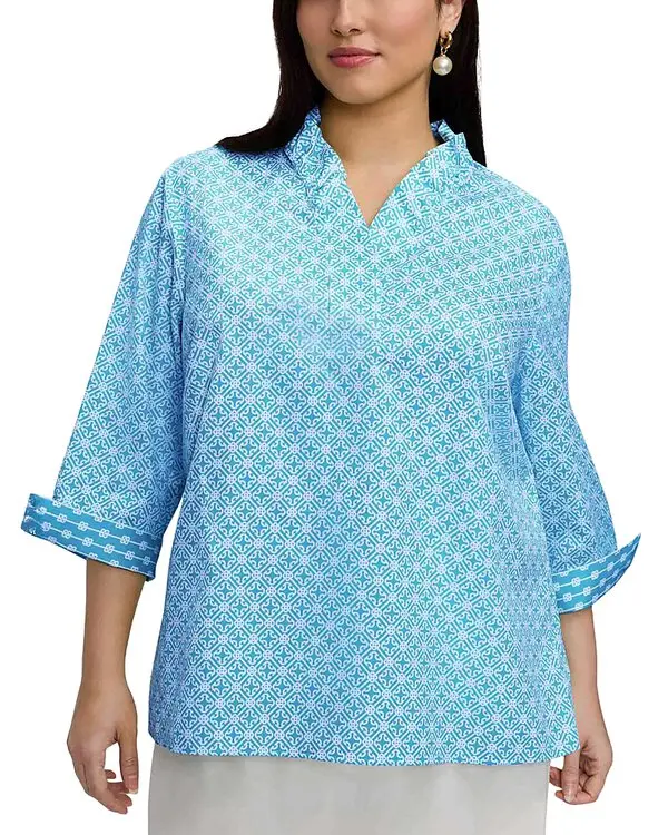 Foxcroft Tammy 3/4 Sleeve Geo Lattice Shirt - Blue/ White