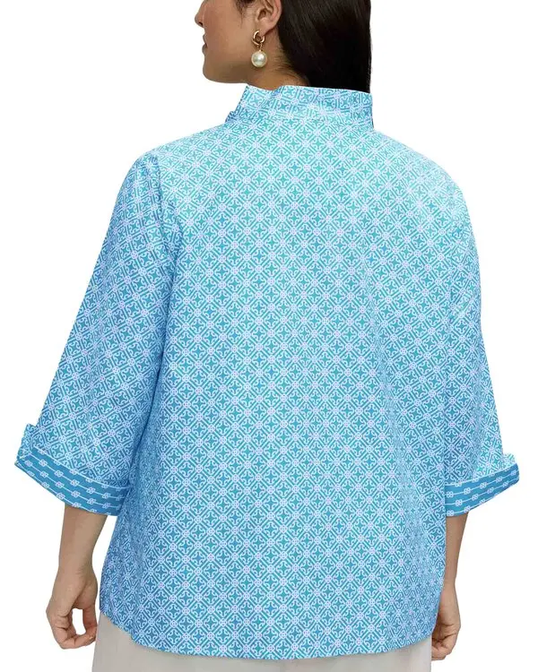 Foxcroft Tammy 3/4 Sleeve Geo Lattice Shirt - Blue/ White