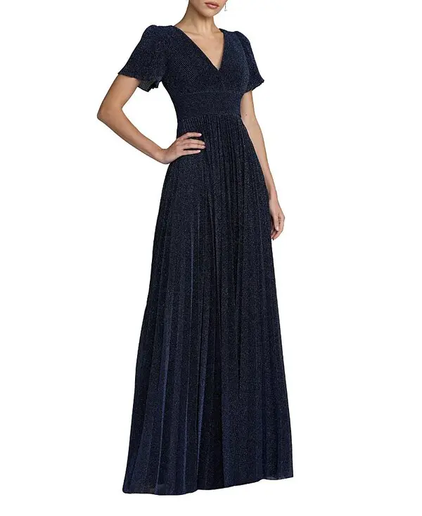 Mac Duggal Pleated Metallic Flutter Sleeve V-neck A-line Gown - Midnight