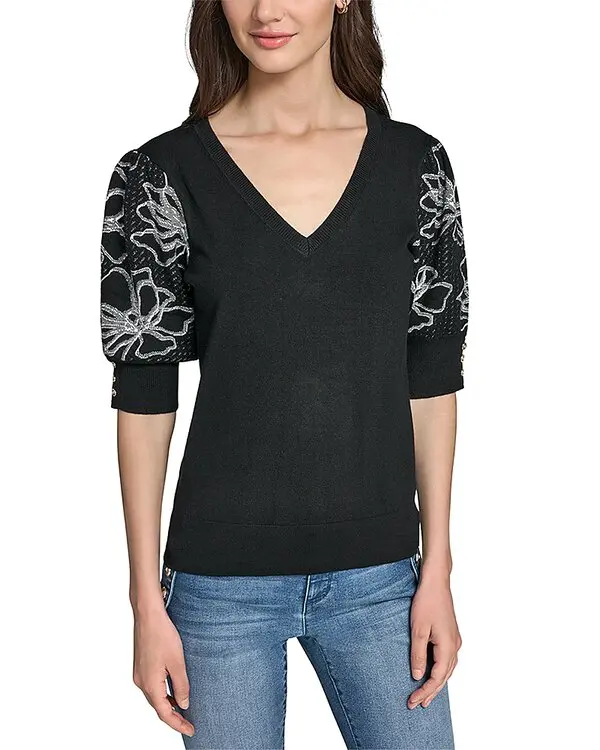 Karl Lagerfeld Floral Short Sleeve Sweater - Black