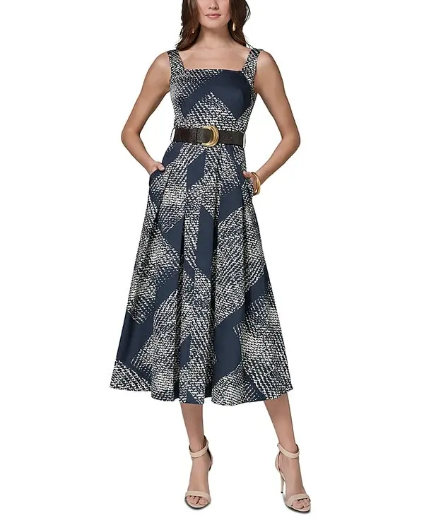 Donna Karan New York Printed Square Neck Belted Midi Dress