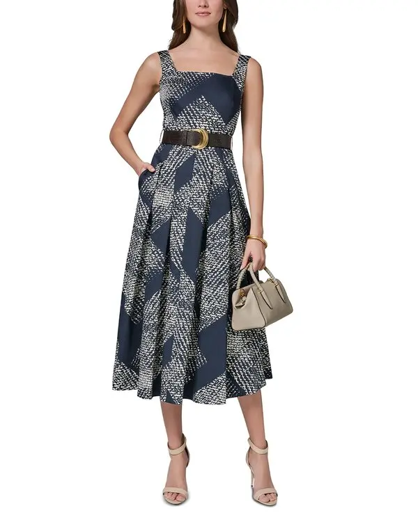 Donna Karan New York Printed Square Neck Belted Midi Dress