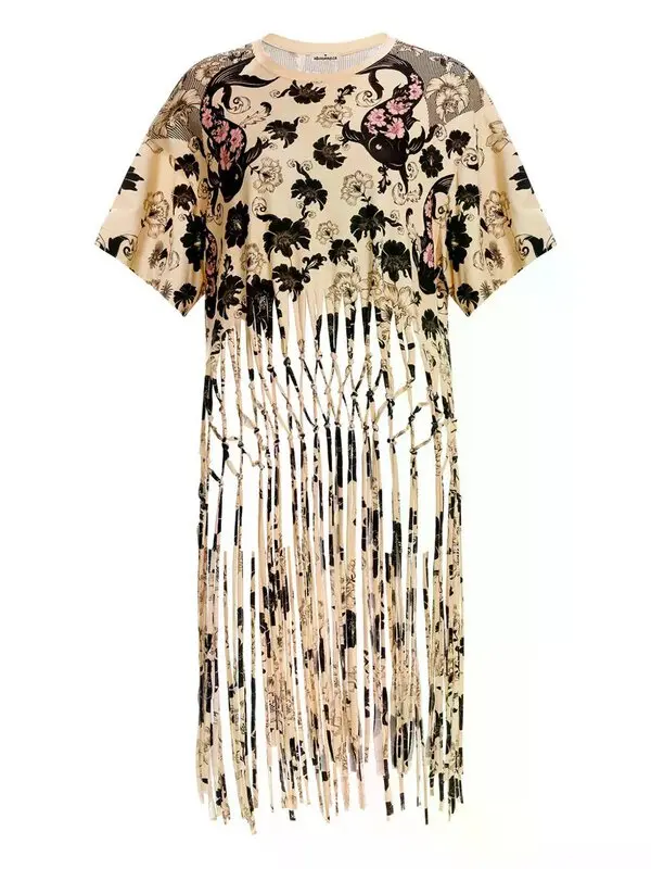 Agua Bendita Floral-print Fringed T-shirt - Neutrals