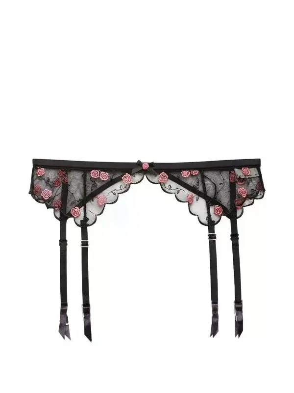 Fleur Du Mal Rose & Vine Embroidery Garter Belt - Black