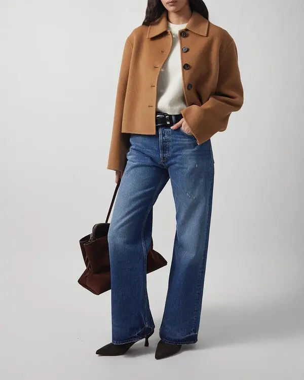 WAKAKUU Cropped Wool Coat With Classic Collar