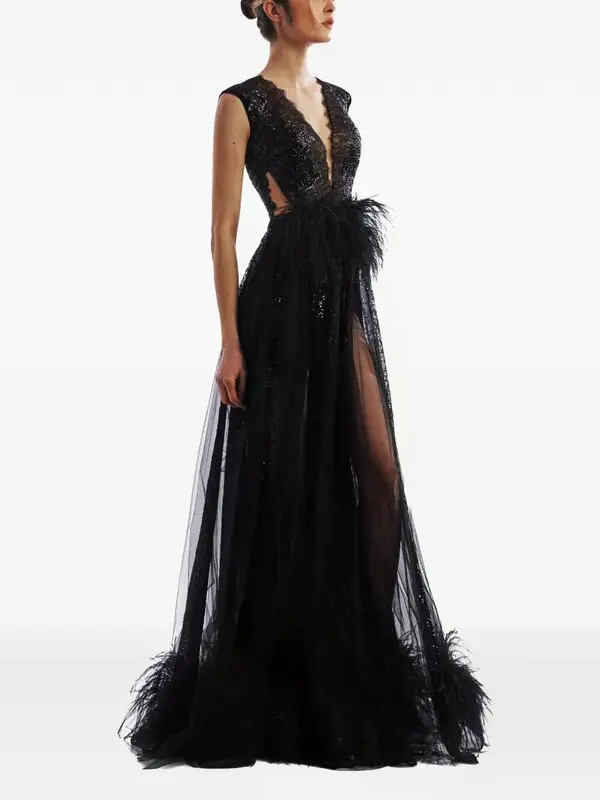 IMROSKA Lace And Feather-trim Maxi Dress
