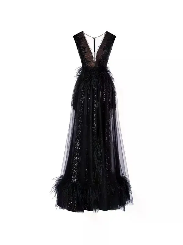 IMROSKA Lace And Feather-trim Maxi Dress - Black