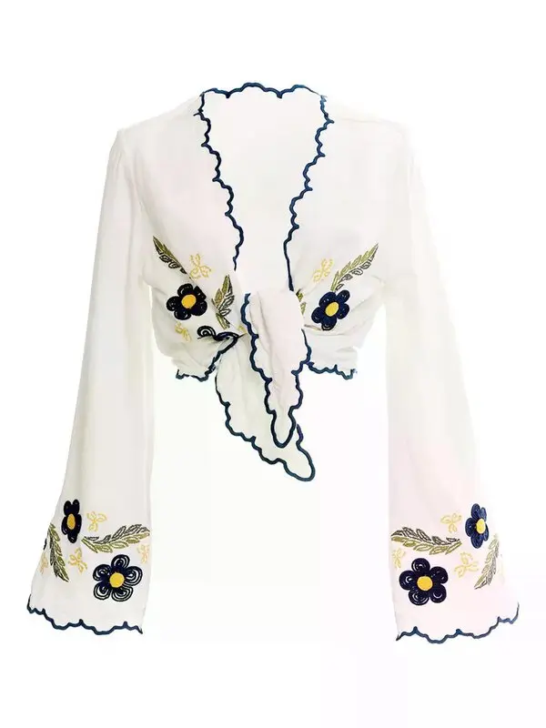 Agua Bendita Embroidered Bell-sleeve Top - White