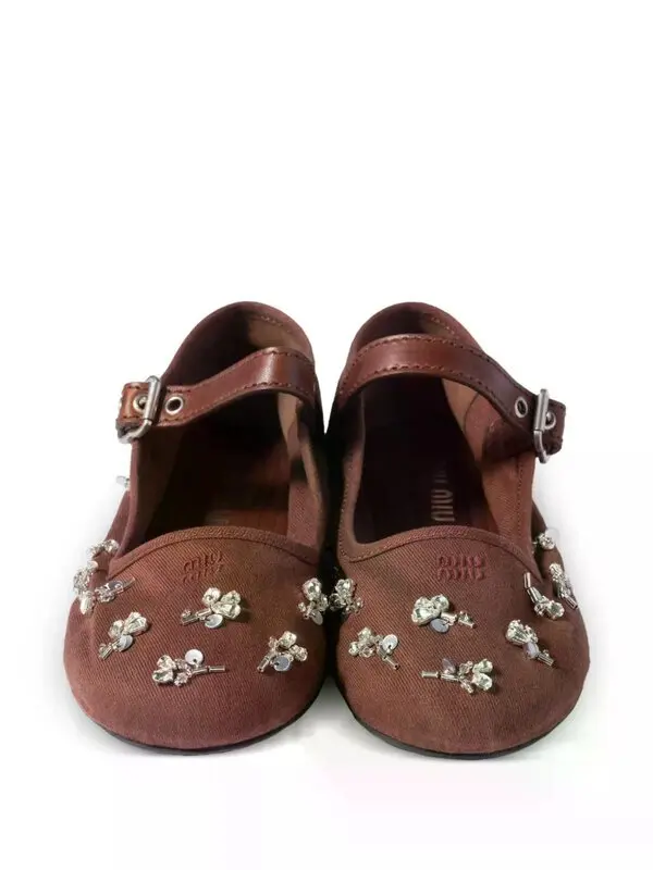 Miu Miu Embroidered Drill Ballerinas With Crystal Floral Embellishments - Brown