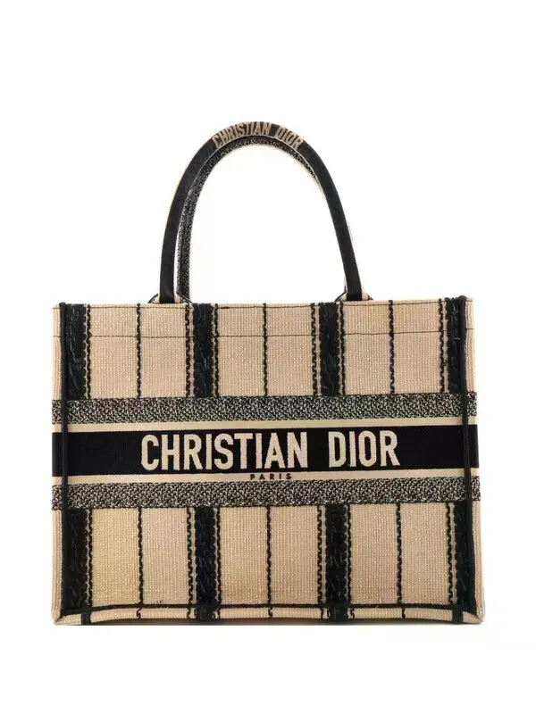 Dior Book Bayadere Stripe Embroidered Canvas Medium Tote Bag - Black