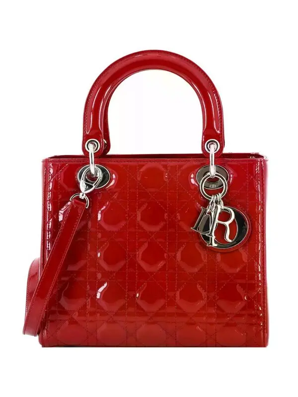 Dior Lady Medium Satchel Cannage Quilt Patent - Red