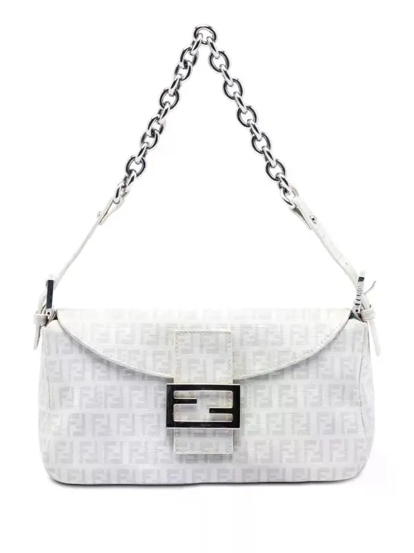 Fendi Zucchino Spalmati Double Flap Chain Shoulder Bag - White