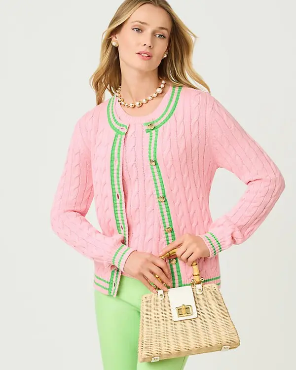 LILLY PULITZER Brockton Cabled Cardigan - Conch Shell Pink X Jackfruit Green Tipping