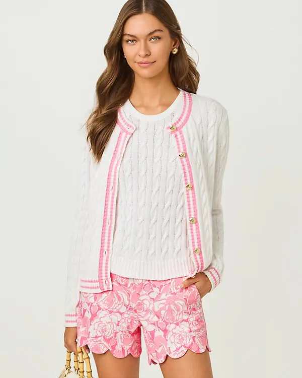 LILLY PULITZER Brockton Cabled Cardigan - Resort White X Conch Shell Pink Tipping