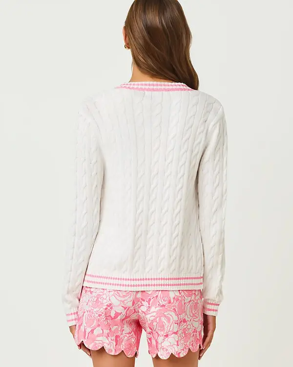 LILLY PULITZER Brockton Cabled Cardigan - Resort White X Conch Shell Pink Tipping