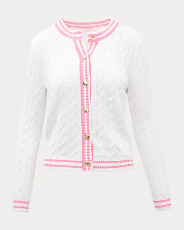 LILLY PULITZER Brockton Cabled Cardigan - Resort White X Conch Shell Pink Tipping