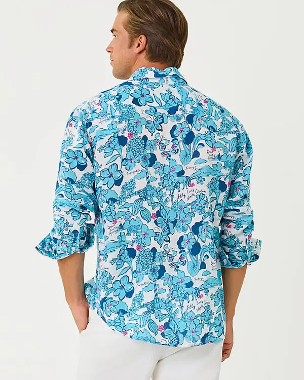 LILLY PULITZER Stuff Addison Button Down Shirt - Capri Blue North Carolina Destination